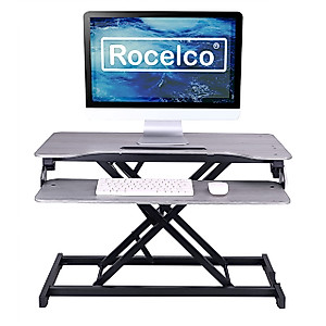 Rocelco Standing Desk Converter and Floor Mat - 31.5 Inch Sit Stand Up Dual Monitor Tabletop Riser with Tablet Mount, Height Adjustable Workstation - Deep Keyboard Tray - Gray (R VADRG-MAFM)