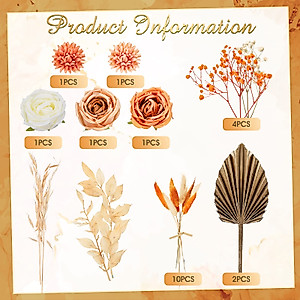 28 Pcs Boho Cake Topper Decorations Vintage Artificial Rose Flowers Leaves for Cake Decorating Kit Dried Faux Flower Decor for Bohemian Wedding Bridal Baby Shower Birthday Party Supplies (Orange)