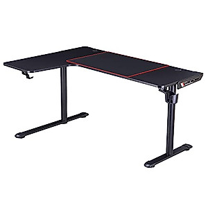 ioHOMES Kindira Modern Steel 65 in. L-Shaped Gaming Desk with USB Ports, PC Mouse Pad and Rotatable Cup-Holder for Home Office, Classroom, Study Room, Black