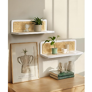 Maxpeuvon Rattan Floating Shelves, Boho Cane Webbing Wall Shelves Farmhouse Display Storage Organizer White Bookshelves Wicker Room Decor for Living Room Bedroom Entryway Hallway Bathroom, Set of 2