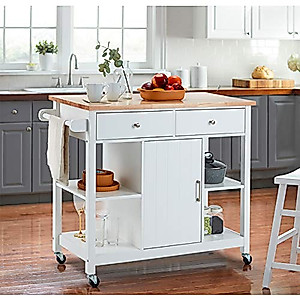 KVK Rolling Kitchen Island Cart with Towel Rack, Large Drawers, Compartment Cabinets, Open Storage Shelves, Kitchen Cart with Rubber Wood Top, Pine Legs, Lockable Wheels, White (SJHM-013WH)