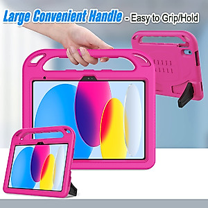 LTROP Kids Case for iPad 10th Generation 2022 10.9 inch, iPad 10th Gen Case [Built-in Screen Protector] Child-Proof Handle Kickstand Cover Case for iPad 10.9 10th Generation for Toddler Girl Hot Pink