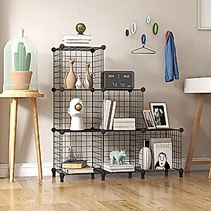 Wolizom Wire Cube Storage, 6-Cube Black Metal Grids Shelves Bookshelf, Stackable Modular Shelving Organizer, DIY Closet Bookcase Bookshelf, Grid Storage Shelf for Bedroom, Living Room, Office