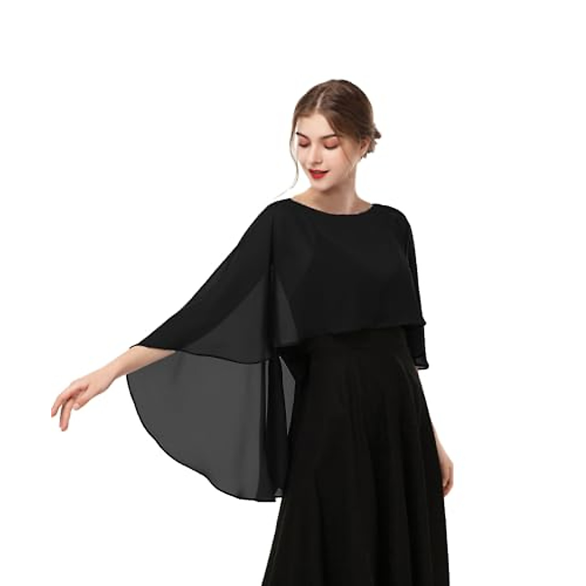 Hotshawl Capelets for women Chiffon Cape Shawls and Wraps for Evening Dress Wedding Capes Cover Up (Black)