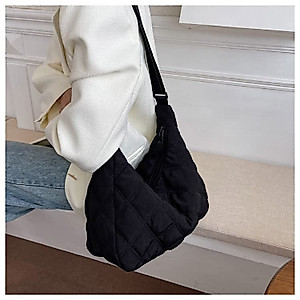 Retro Embroidered Plaid Nylon Shoulder Bag Tote Bag for Fall Winter, Aesthetic Harajuku Handbag Fluffy Y2k Messenger Bag (Black)