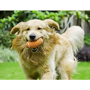 AUSCAT Dog Chew Squeaky Toy Ball, Dog Toy for Aggressive Chewers, Rugby Shape Rubber Chew Ball with Squeaker, Interactive Dog Ball for Fetch Game and Outdoor Play, Orange