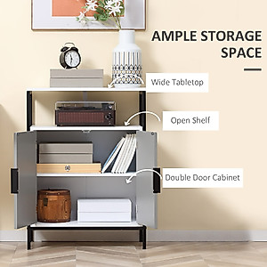 HOMCOM Storage Cabinet with Open Shelf and Double Door Cupboard, Accent Cabinet with Herringbone Panel and Steel Frame, Gray