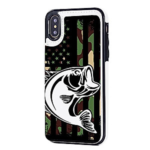 Camouflage American Flag Bass Fishing Wallet Phone Cases Fashion Leather Design Protective Shell Shockproof Cover Compatible with iPhone X/XS