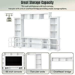 Merax Minimalism Style Entertainment Wall Unit with Bridge, Multifunctional TV Stand with Tempered Glass Door Modern Console Table for Televisions Up to 70”, 104.3 inch Length, White