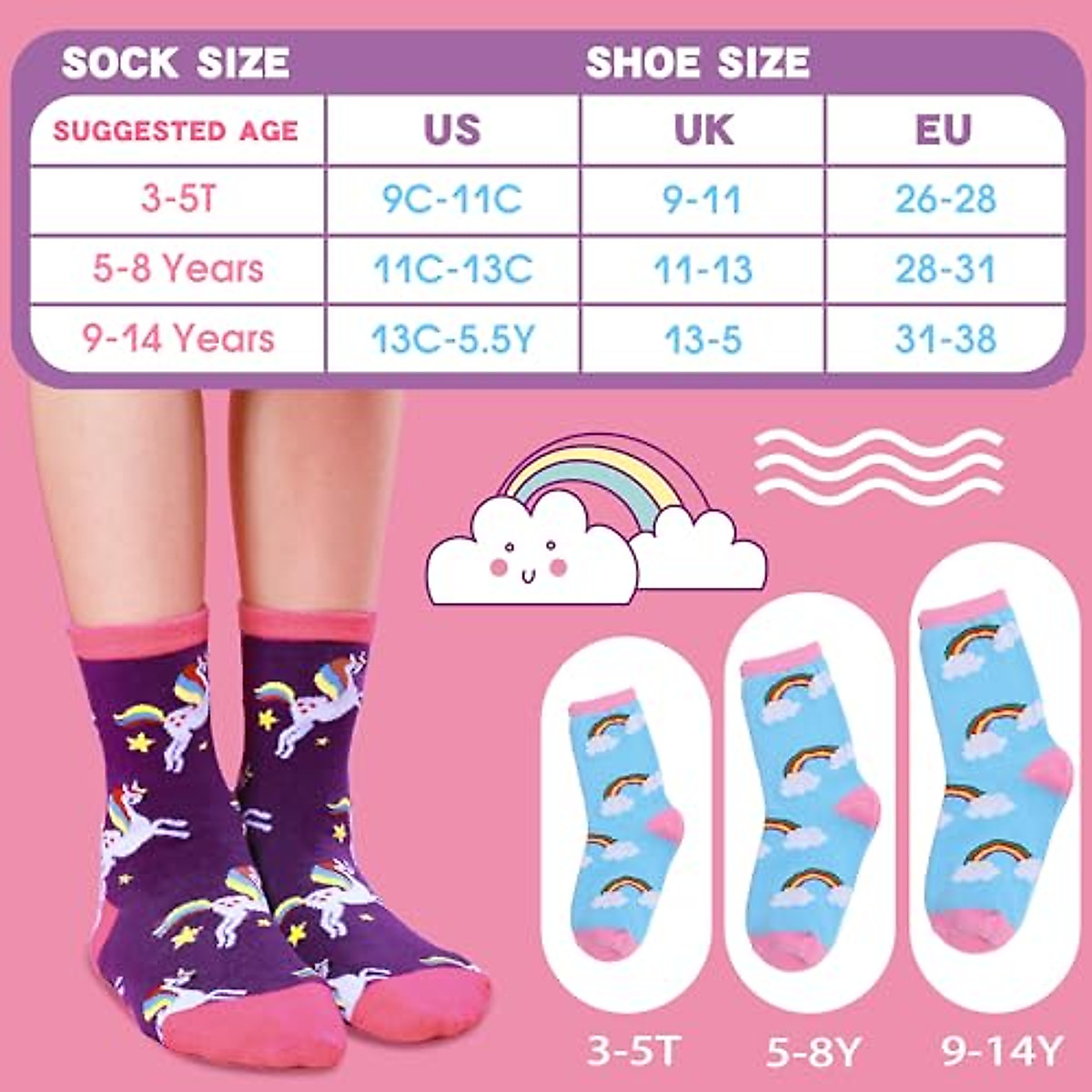 ANTSANG Children Cotton Crew Socks for Girl Boy Kids Toddler Gift Fashion Cute Cartoon Animal Stocking Stuffer Unicorn Socks 6 Pack (Unicorn-I, 5-8 Years Old)