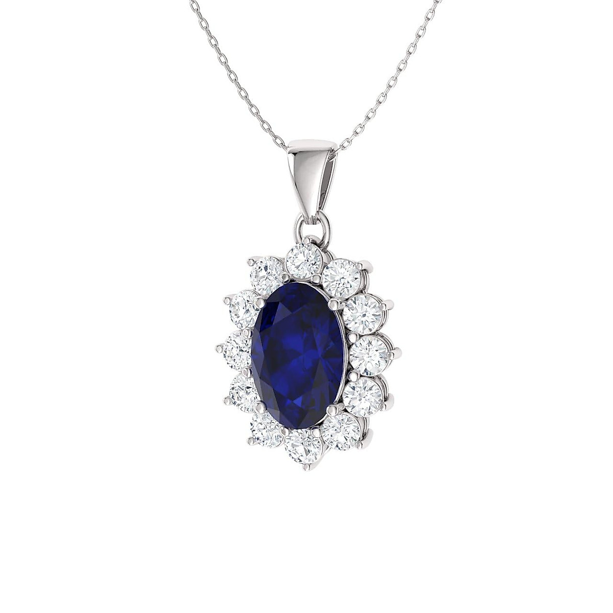 Diamondere Natural and Certified Oval Blue Sapphire and Diamond Necklace in 14k White Gold | 0.67 Carat Pendant with Chain