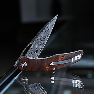 TRIVISA Handmade Pocket Knife,3.62'' 110 Layers Damascus Steel Blade,Front Flipper Wood Handle with Clip,Folding EDC for Men Outdoor Hunting Camping Hiking,Taurus-01i