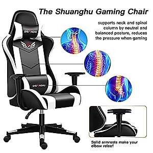 shuanghu Gaming Chair Office Chair Ergonomic PC Computer Chair with Reclining Racing Chair with Headrest and Lumbar Support Gaming Chair for Adults Teens Desk Chair (Black+ White)