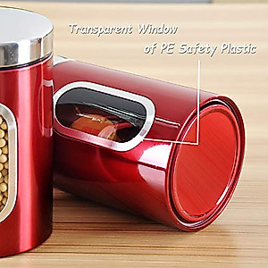 JENNIMER 3PC Kitchen Canister Set for Sugar Food Tea Coffee Candy Storage Jars Stainless Steel with Transparent Windows (Red)