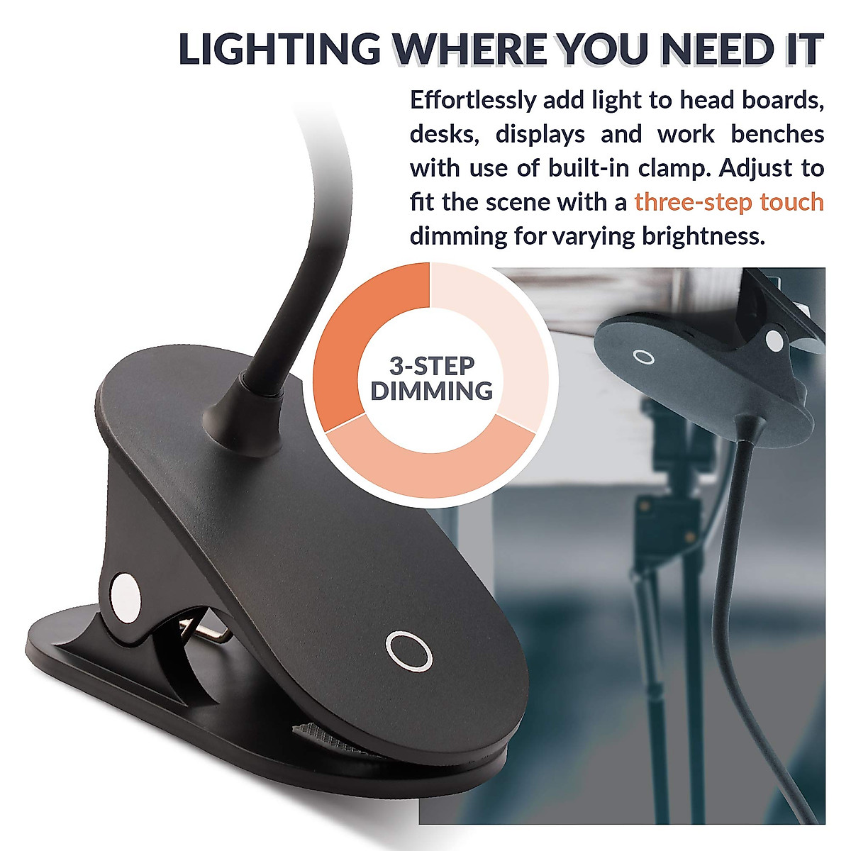 Newhouse Lighting NHCLP-USBC-BK Black Plastic Flexible and Dimmable Clip Light Clamp-Style Energy-Efficient LED Lamp with USB-C Charging Port for Office or Bedroom Use