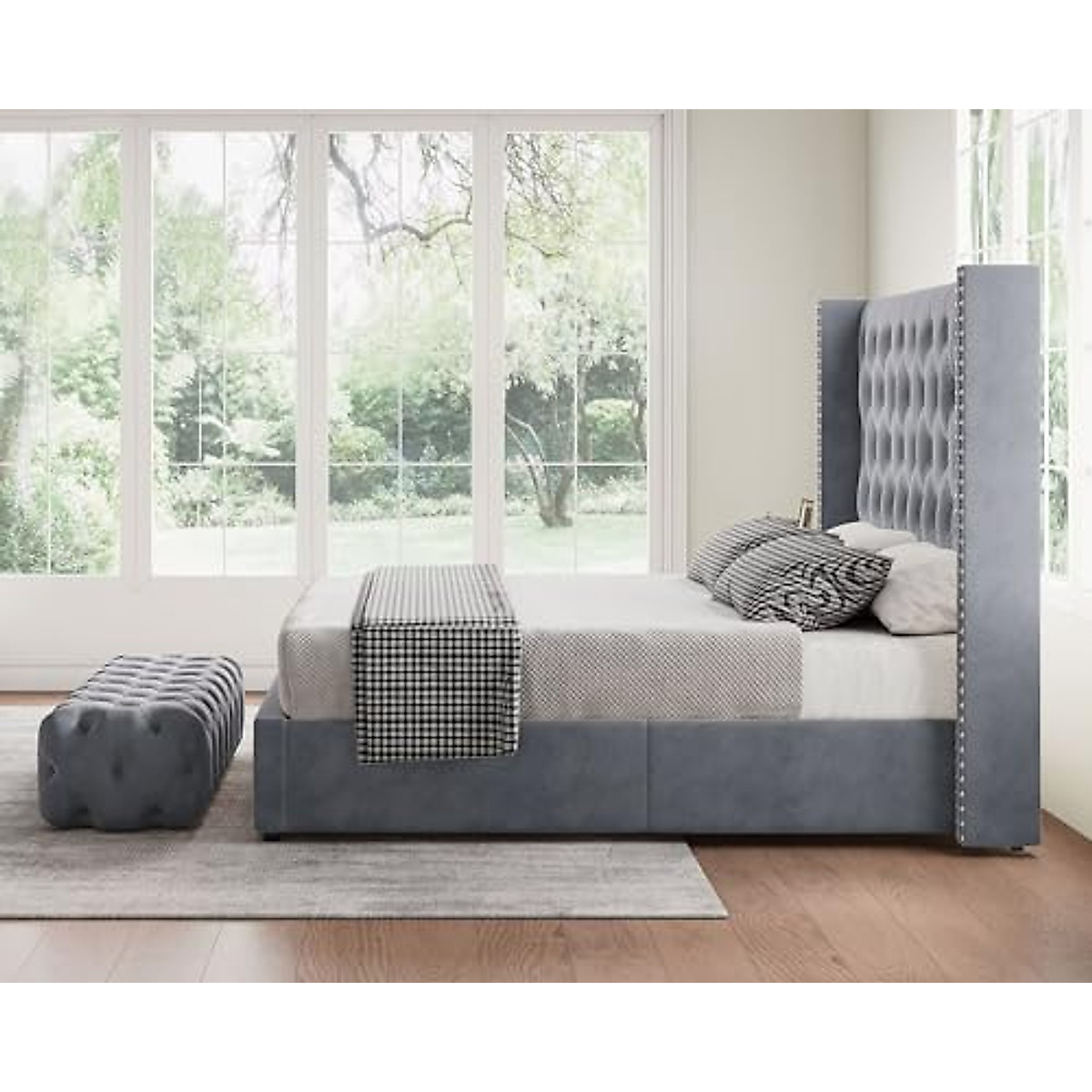 Jocisland King Size Lift Up Storage Bed, Upholstered Platform Bed Frame and Velvet Button Tufted Headboard with Wingback, Hydraulic Storage, No Box Spring Needed, Easy Assembly, Gray