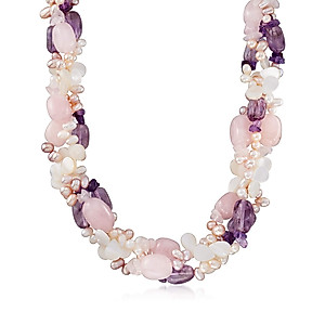 Ross-Simons 8mm Cultured Pearl and 330.00 ct. t.w. Rose Quartz Torsade Necklace With 145.00 ct. t.w. Amethysts in Sterling Silver. 18 inches