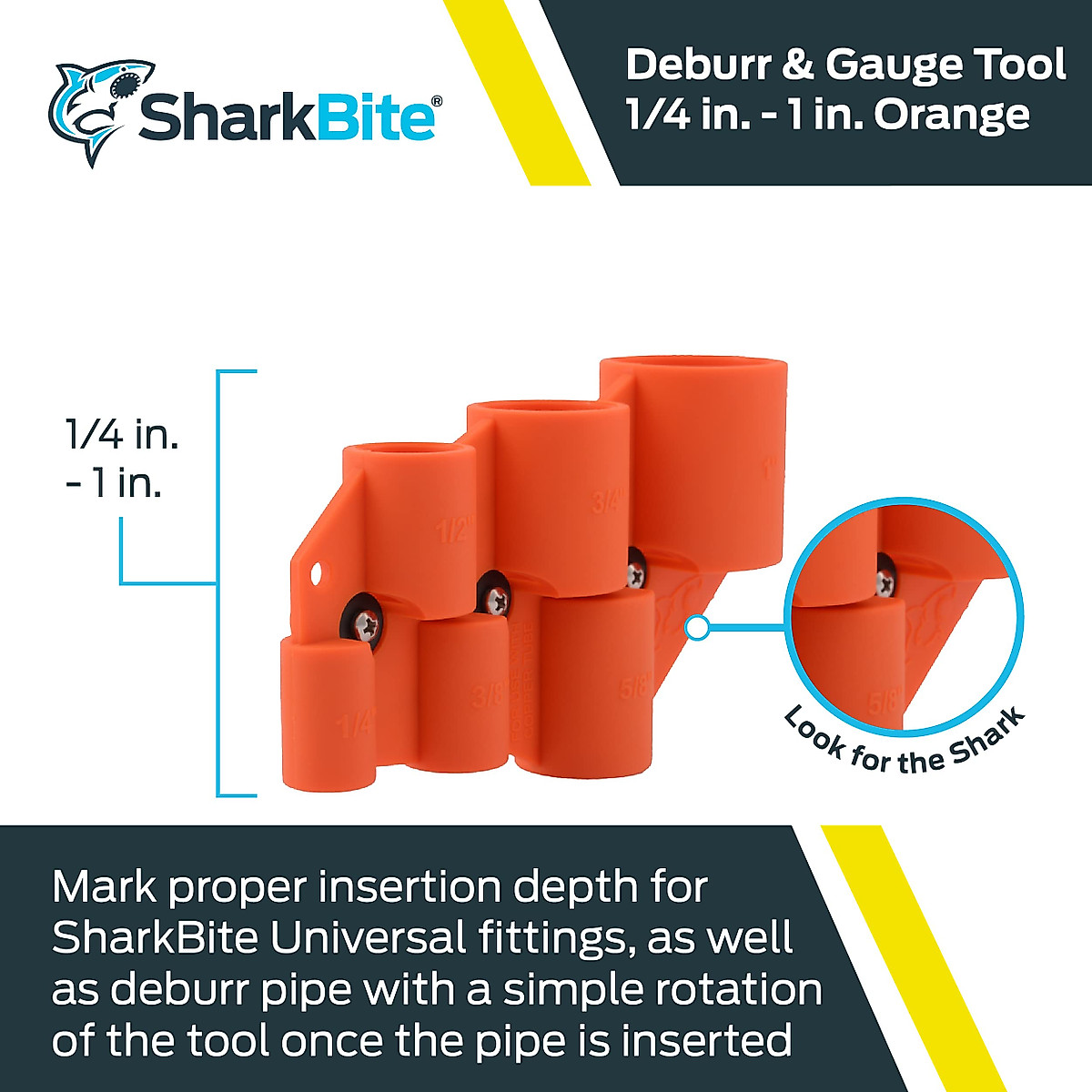 SharkBite 1/4 Inch to 1 Inch Depth Gauge and Pipe Deburring Tool, Copper, PEX, CPVC, PE-RT, HDPE, U702A
