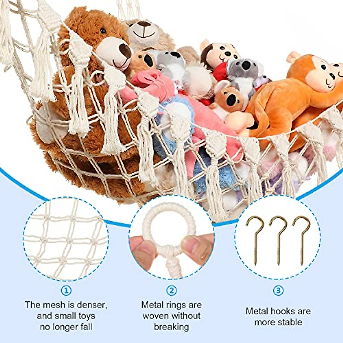 LMIP Plush Animal Toy Storage Hammock for Stuffed Animals and Soft Toys, Room Storage Net Decoration - Hanging Storage Net Kids Bedroom (White)