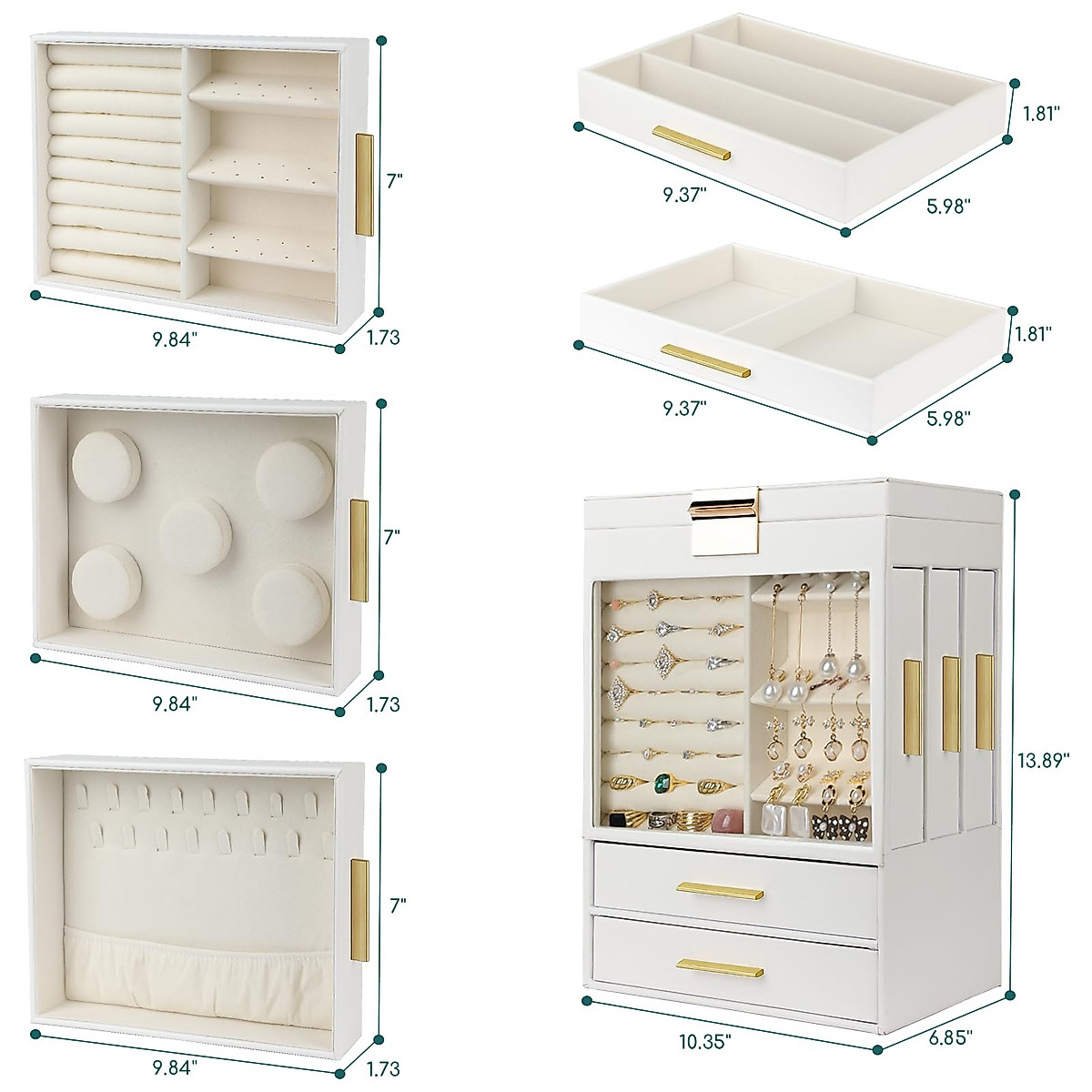 efubaby Jewelry Box for Women Girls, Jewelry Organizer Box with Large Mirror 6-Layer Jewelry Box Organizer Glass Window Storage Case with 3 Side Drawers Jewelry Holder Organizer White Jewelry Box