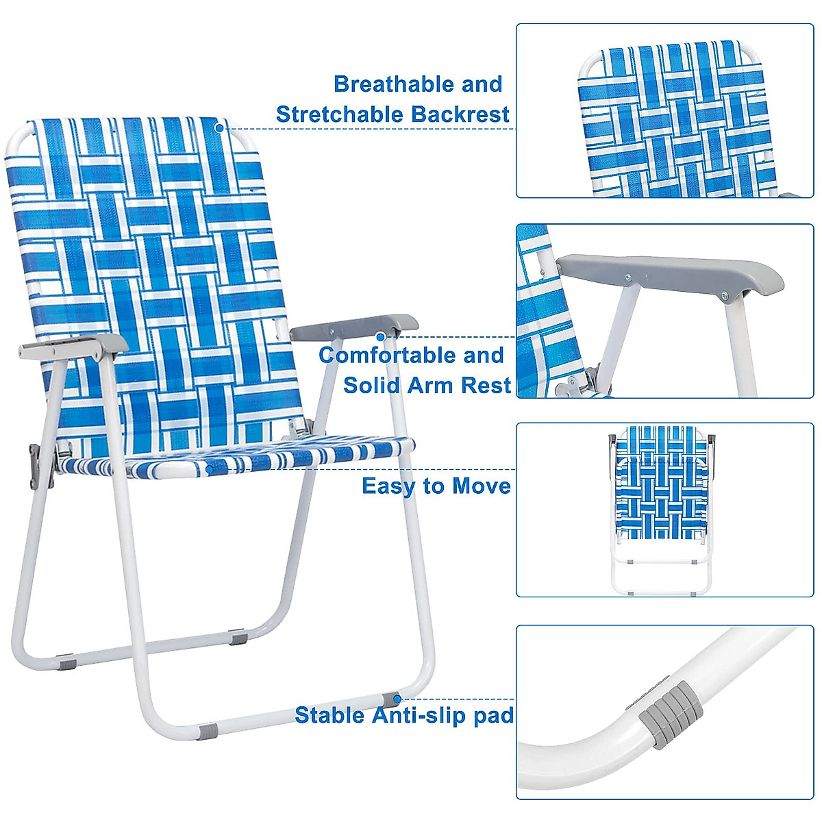 EEBUIHUI Set of 2 Folding Patio Lawn Chairs, Webbed Folding Chair Outdoor Beach Chair High Back Seat Portable Camping Chair for Yard, Garden (Blue White)