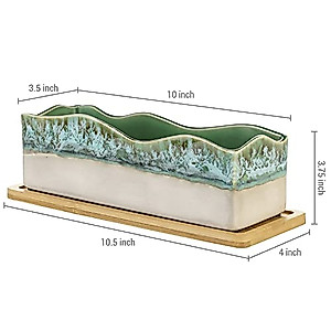 MyGift Rectangular Succulent Planter - Decorative Beige and Green Ceramic Glazed Plant Container Pot with Removable Bamboo Tray