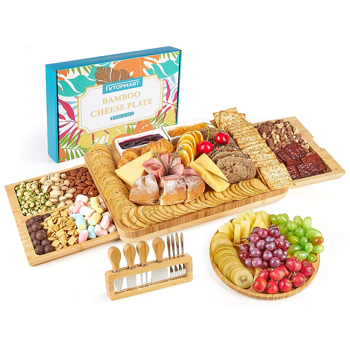 Vtopmart Large Charcuterie Boards, Bamboo Cheese Board & Knife Set, Unique New Home House Warming Gifts Anniversary Wedding Gifts for Couple,Bridal Shower for Women