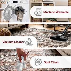 nuLOOM 8x10 Machine Washable Rain Haven Vintage Medallion Area Rug, Rust, Traditional Faded Design, Non-Slip Backing, Stain Resistant, For Bedroom, Dining Room, Living Room, Kitchen