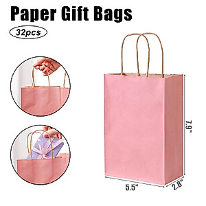 JOHOUSE 32PCS Pink Paper Bags with Handle, Party Favor Bags Gift Bags with Handles for Proposal Girl Birthday Goodie Bags 5.5" x 2.8" x 7.9"