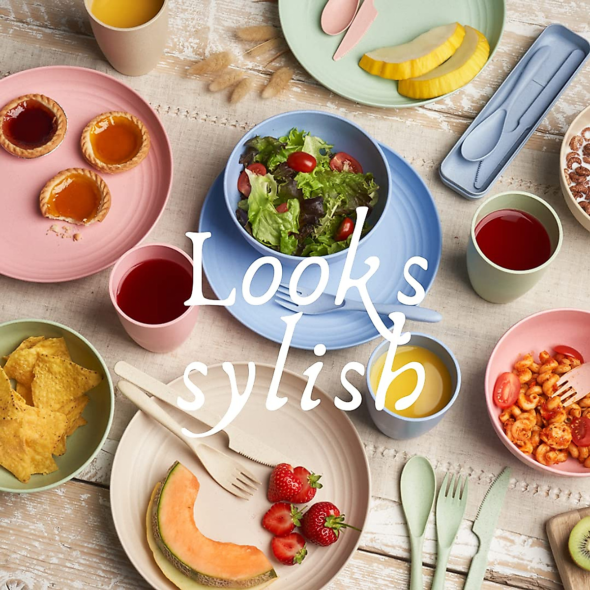 Generic Camping Plates and Bowls Set – 21Pcs Wheat Straw Dinner Set with Dinner Plates, Bowls, Cups and Cutlery – Premium BBQ Set with Cute Colours and Matte Finish – Includes Insulated Bag