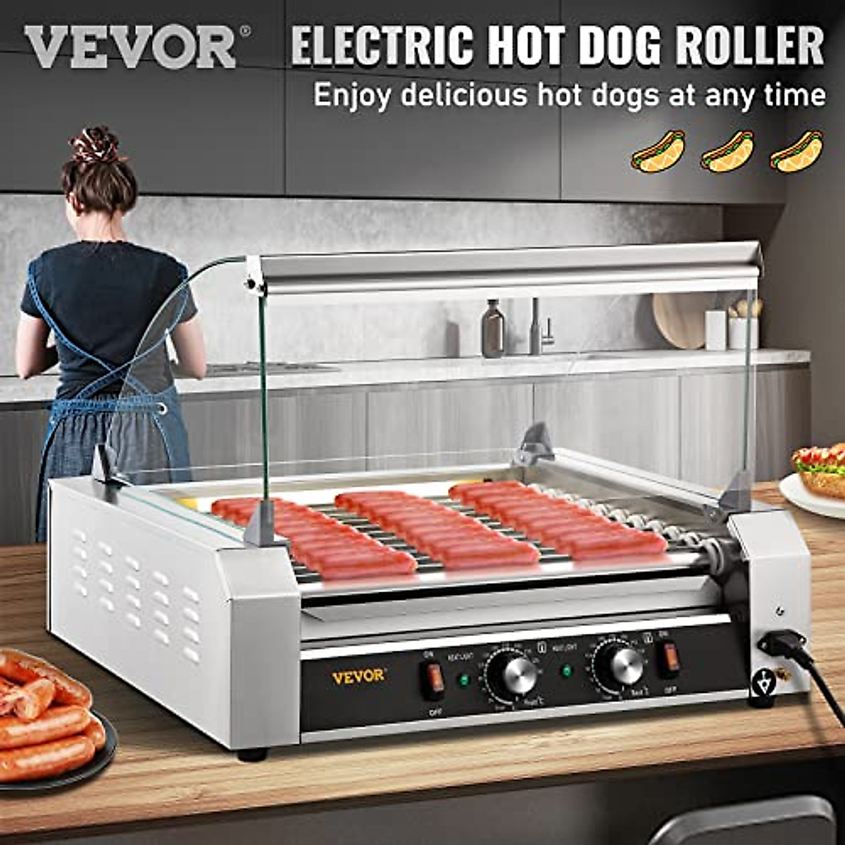 VEVOR Hot Dog Roller, 30 Hot Dog Capacity 11 Rollers, 1800W Stainless Steel Cook Warmer Machine w/Cover & Dual Temp Control, LED Light & Detachable Drip Tray, Sausage Grill Cooker for Kitchen Canteen