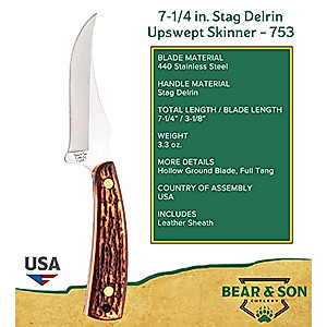 Bear & Son Cutlery 7 1/4" Upswept Skinner Knife, 440 High Carbon Stainless Steel Blade, Stag Delrin Handle, Leather Sheath (753)