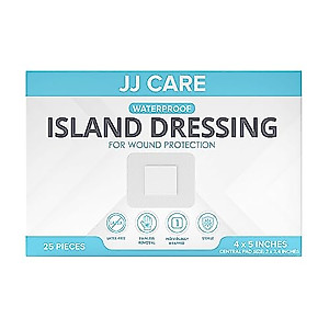 JJ CARE Waterproof Adhesive Island Dressing [Pack of 25], 4" x 5" Sterile Island Wound Dressing, Breathable Bordered Gauze Dressing, Individually Wrapped Latex Free Bandages with Non-Stick Central Pad