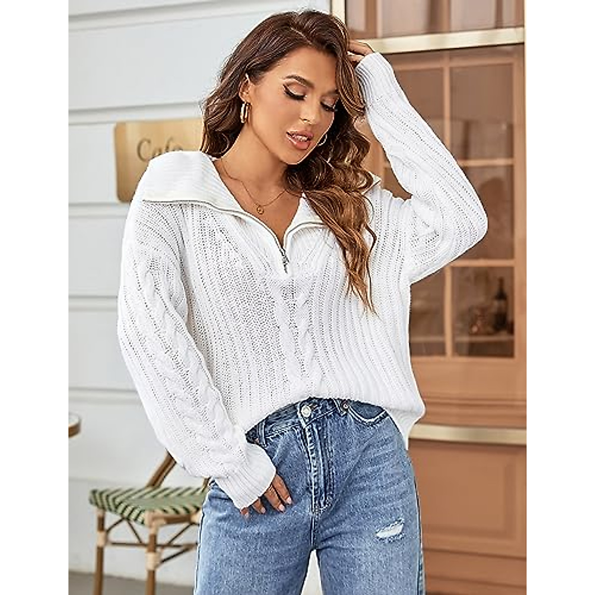 Blooming Jelly Women's Sweater Long Sleeve Quarter Zip Pullover Casual Loose Fit Cable Knit Tops（M,White）