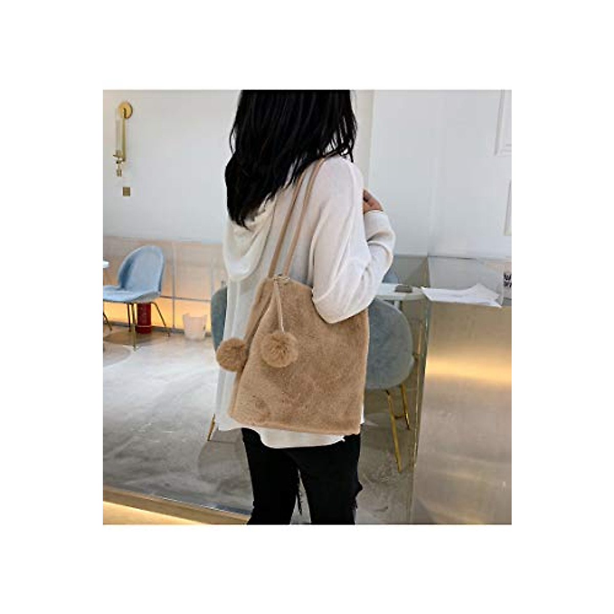 Ulisty Women Autumn Winter Small Faux Fur Shoulder Bag Fluffy Bucket Bag Plush Handbag khaki