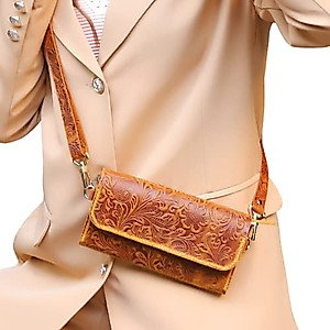 Handmade Small Crossbody Shoulder Bag for Women, Cellphone Bags Adjustable Strap, Leather Card Holder Wallet Purse and Handbags With Zipper Coin Clutch for Teen Girls Bags (Carved Camel)