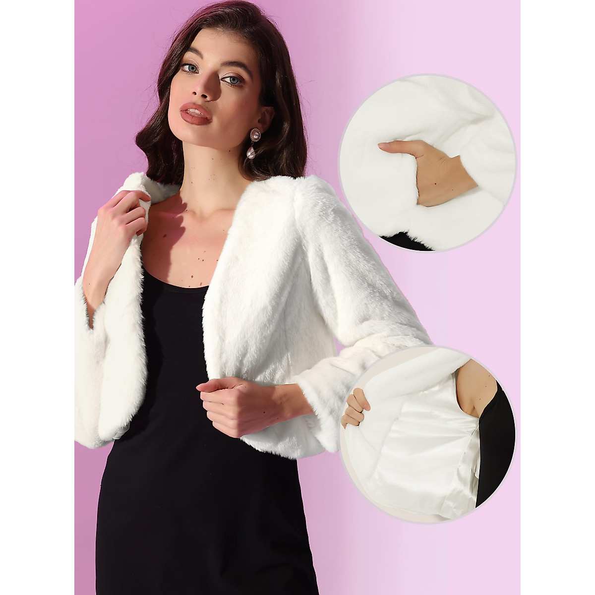 Allegra K Cropped Jacket for Women's Faux Fur with Pockets Long Sleeve Open Front Wedding Bolero Gowns Coat Large White