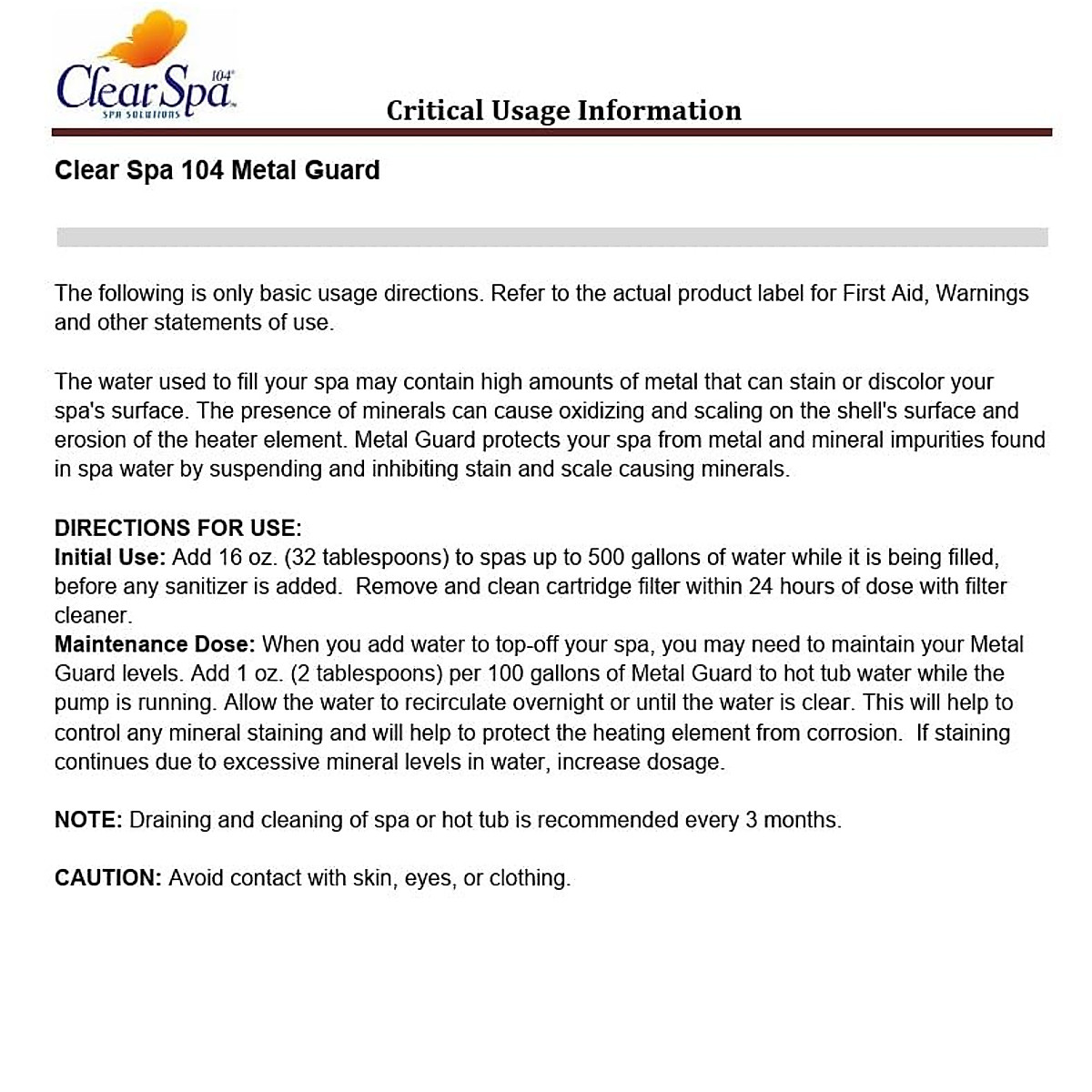 Hot Tub Spa Metal Guard Clear Spa Solutions CSLMGPT12