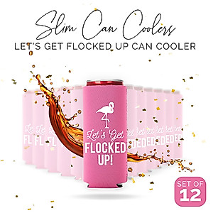 Let's Get Flocked UP!, Set of 12 Slim Pink and White Can Coolers Cups, Flamingo Can Coolers Perfect Flamingo Party Supplies, Bachelorette Party, and Bridal Showers