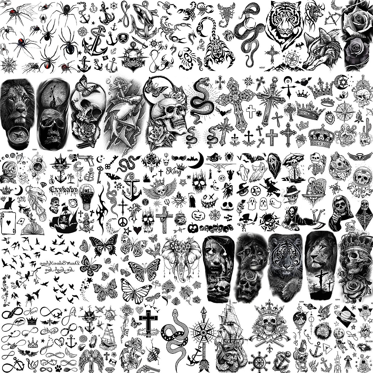 Bilizar 48 Sheets 3D Small Temporary Tattoos For Kids Women Neck Girls Arm Boys, Temp Tiny Halloween Tattoo Stickers Men Spider Cross Scorpion Snake Tiger Lion, Flower Ghost Skull Fake Tatoos Acnhor