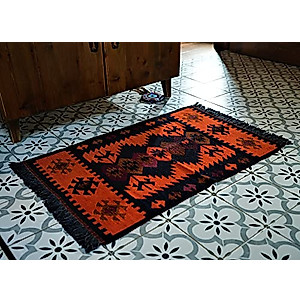 Secret Sea Collection Modern Bohemian Style Small Area Rug, 2' x 3' ft, Cotton, Washable, Reversible (Black-Orange)