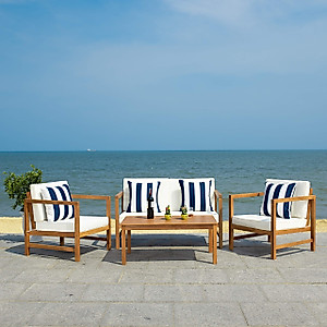 SAFAVIEH Outdoor Collection Montez Natural/ White Cushions/ Striped Pillows 4-Piece Conversation Patio Set