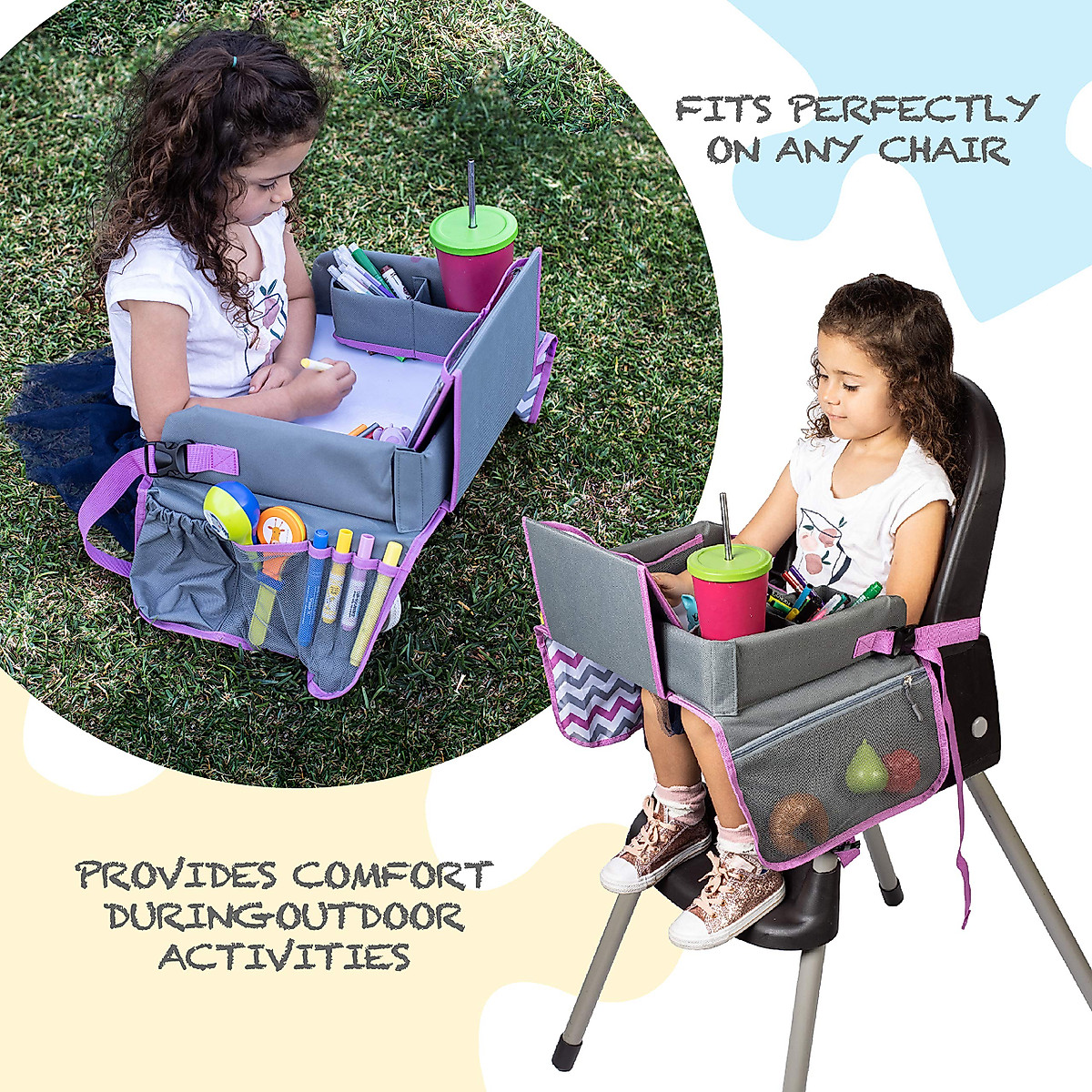 Kids Travel Tray, Car Seat Tray for Kids Travel with Dry Erase Board for Your Child's Rides and Flights, Travel Tray for Kids Car Seat, Kids Road Trip Essentials (Pink)