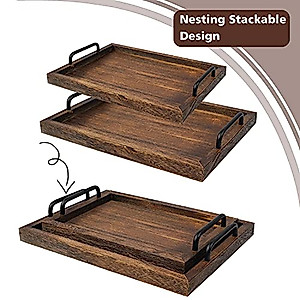 LIBWYS Rustic Wooden Serving Trays with Handle-Set of 2-Decorative Nesting Food Board Platters for Breakfast, Coffee Table/Butler (Large 15.8x11.8x1.2 inches, Small 13.4x9.4 x1.2 inches)