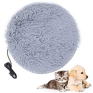 VINGVO Pet Heating Pad, Cat Plush Mat Dog Cat Electric Heated Blanket Mat, 40cm Round Heated Mat Plush Electric Cat Bed Warmer with USB Charging Interface for Small Dogs, Silver Gray