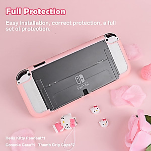 DLseego Clear and Pink Switch OLED Protective Case Scratch Resistant Cover Shell with Kitty Cat Thumb Grips Caps and Charm