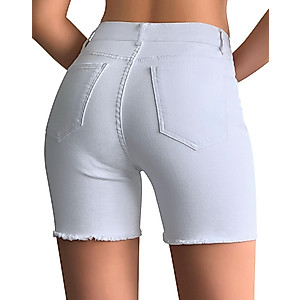 roswear Women’s Casual Summer Ripped High Waisted Denim Shorts Stretch Distressed Frayed Raw Hem Jean Shorts White Large