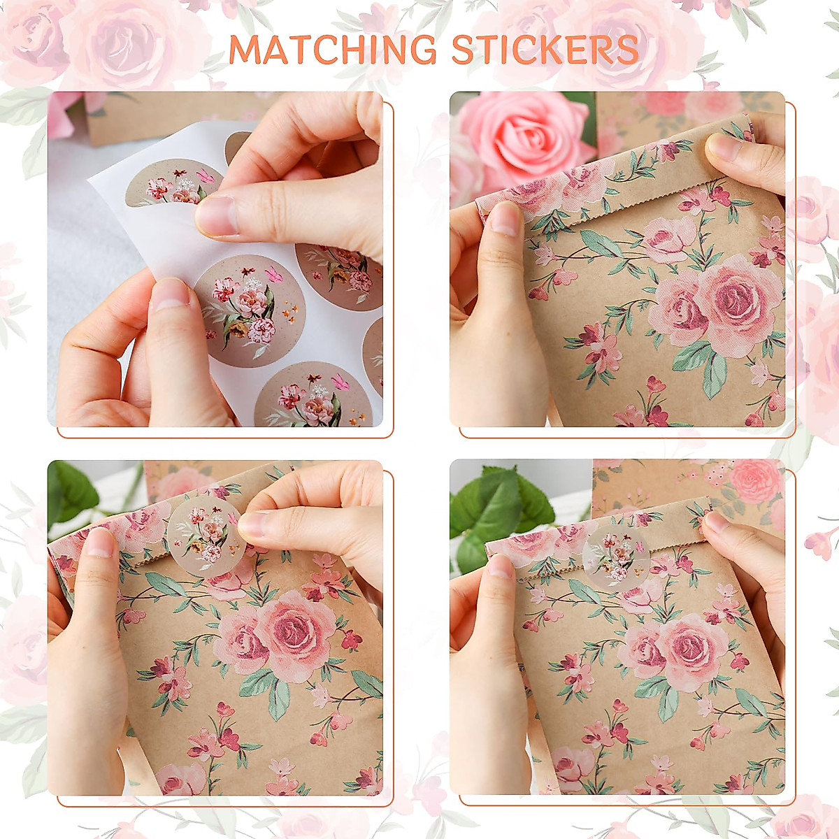 VGOODALL 24PCS Floral Gift Bags, Kraft Paper Treat Bags Party Favor Bags Lunch Bags with Stickers for Weddings Birthday Baby Shower Party Supplies