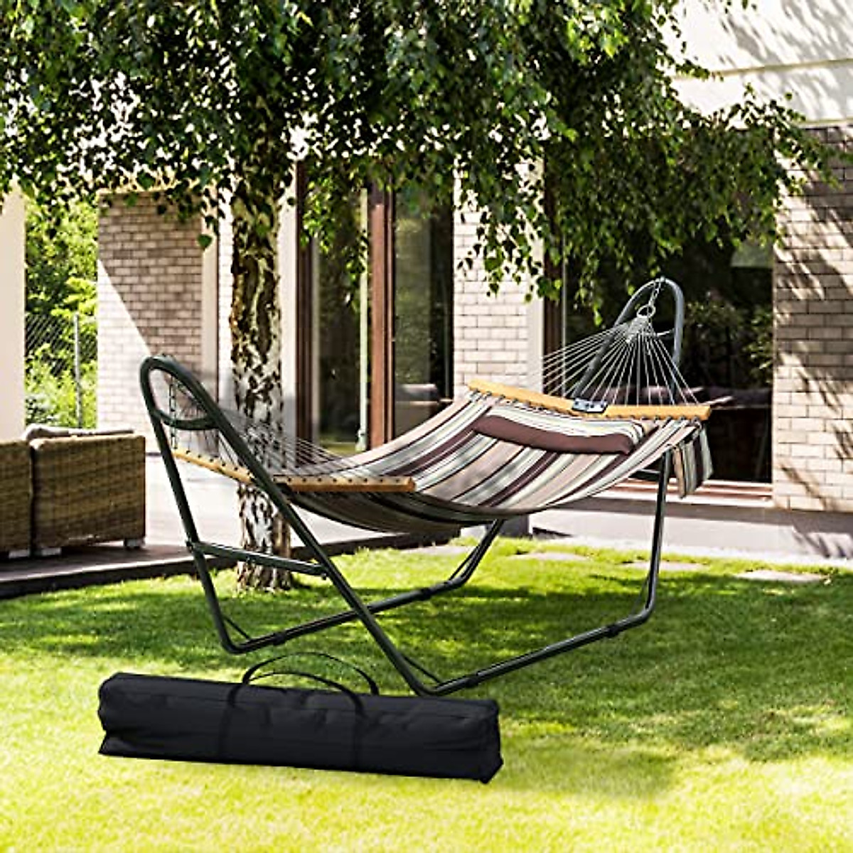 Double Hammock with Stand Included, Heavy-Duty 2 Person Hammock 550Lbs Capacity, Hammock Chair with Stand, Detachable Pillow and Cup Holder, Perfect for Indoor/Outdoor Patio, Deck, Yard(Brown)