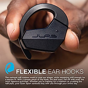 JLab Open Sport Open-Ear Wireless Earbuds | Black | Flexible Earhook | Bluetooth Multipoint | Dual Connect | Safe Listening | Optional Glasses Clip | 24+ Hours Battery Life | Custom EQ Sound Settings